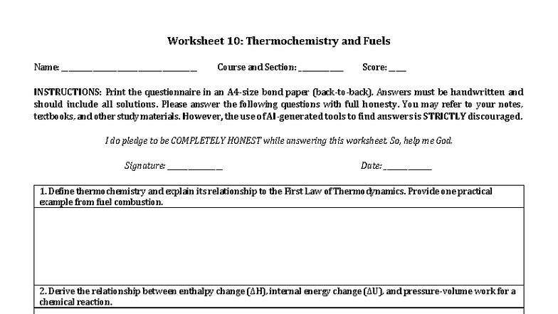 Worksheet 10: Thermochemistry & Fuels - Course Details Included - Studocu