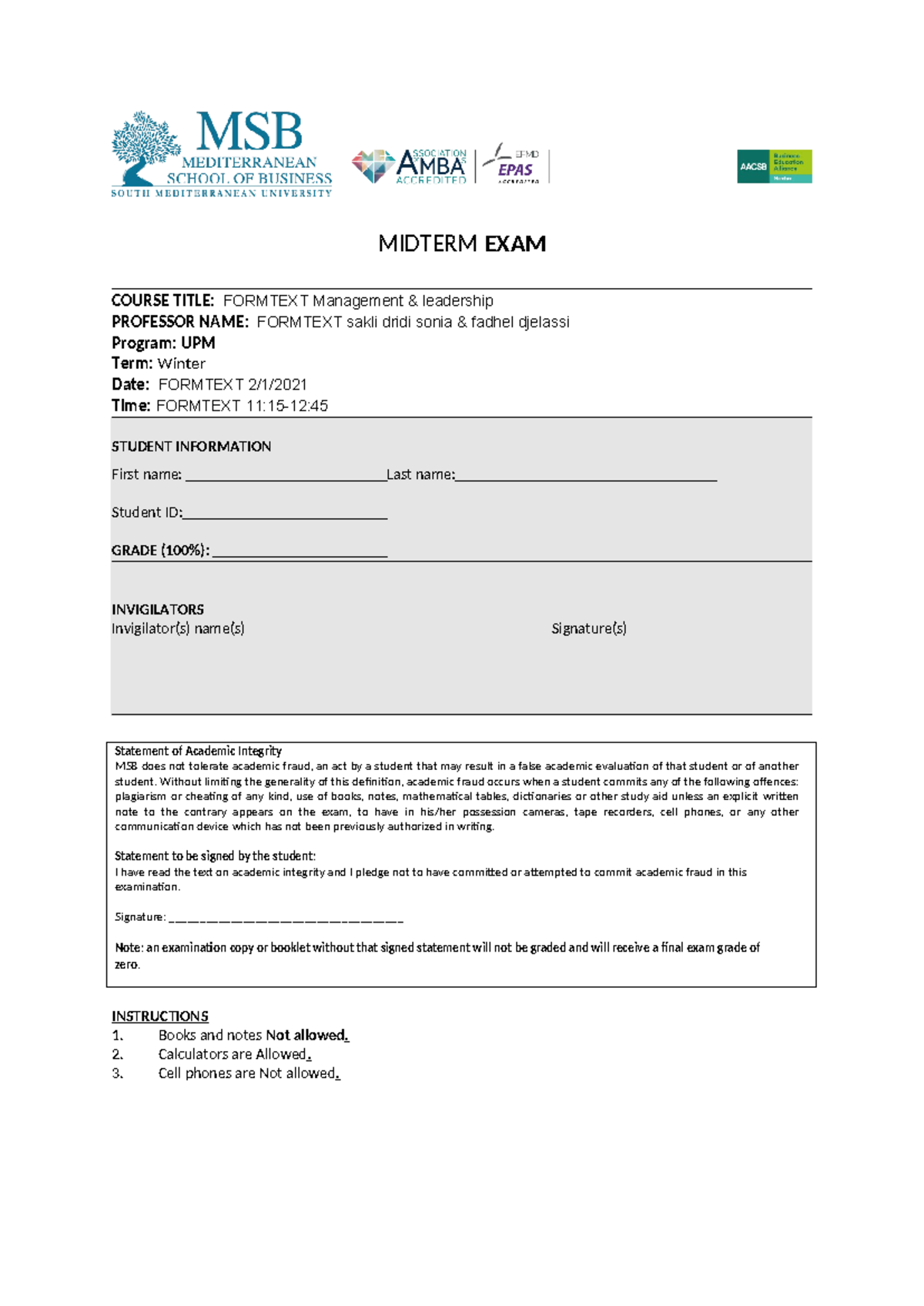 Midterm Exam - FORMTEXT Management & Leadership (UPM Winter) - Studocu