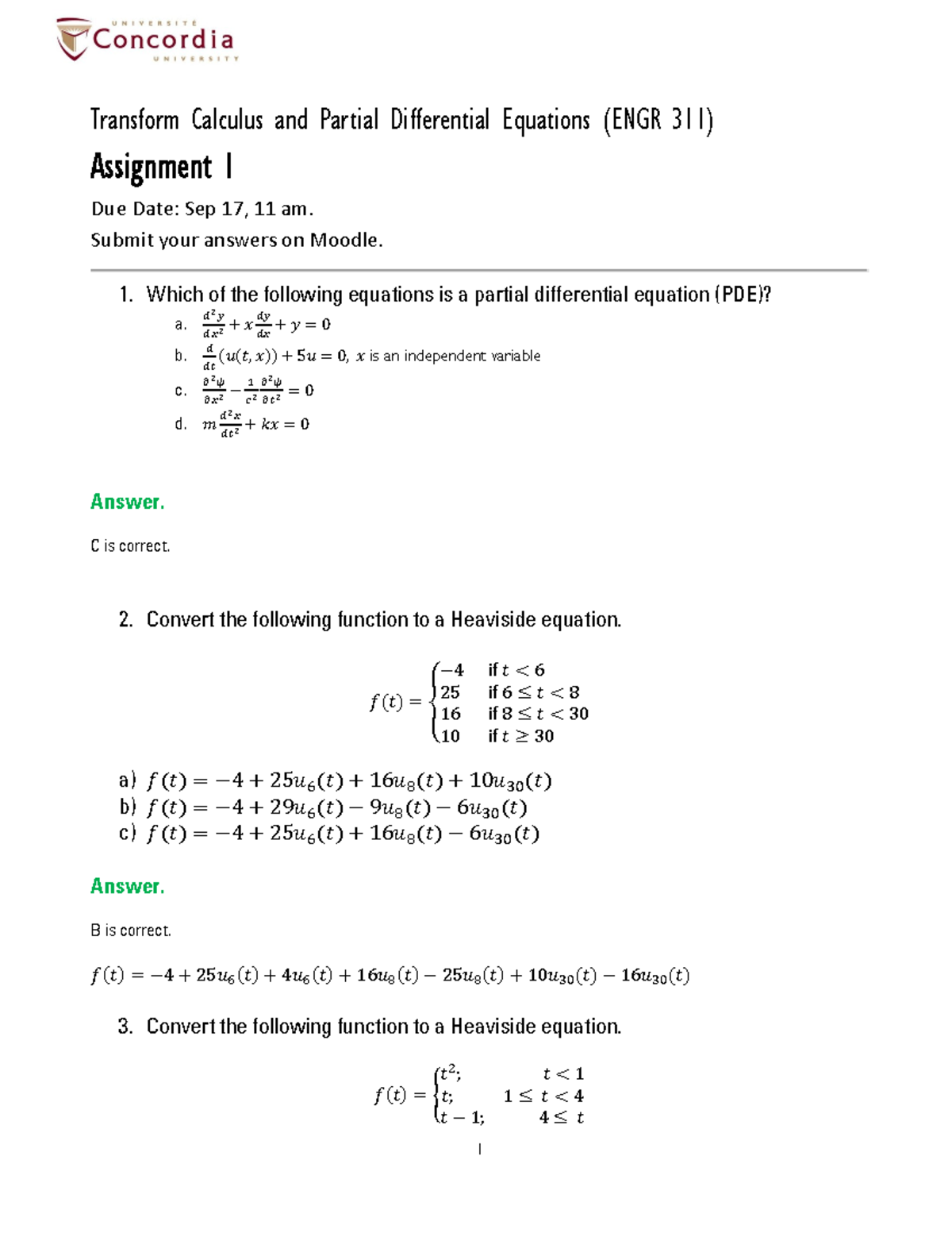 Assignment I Solutions for Calculus & PDE (ENGR 311) - Studocu