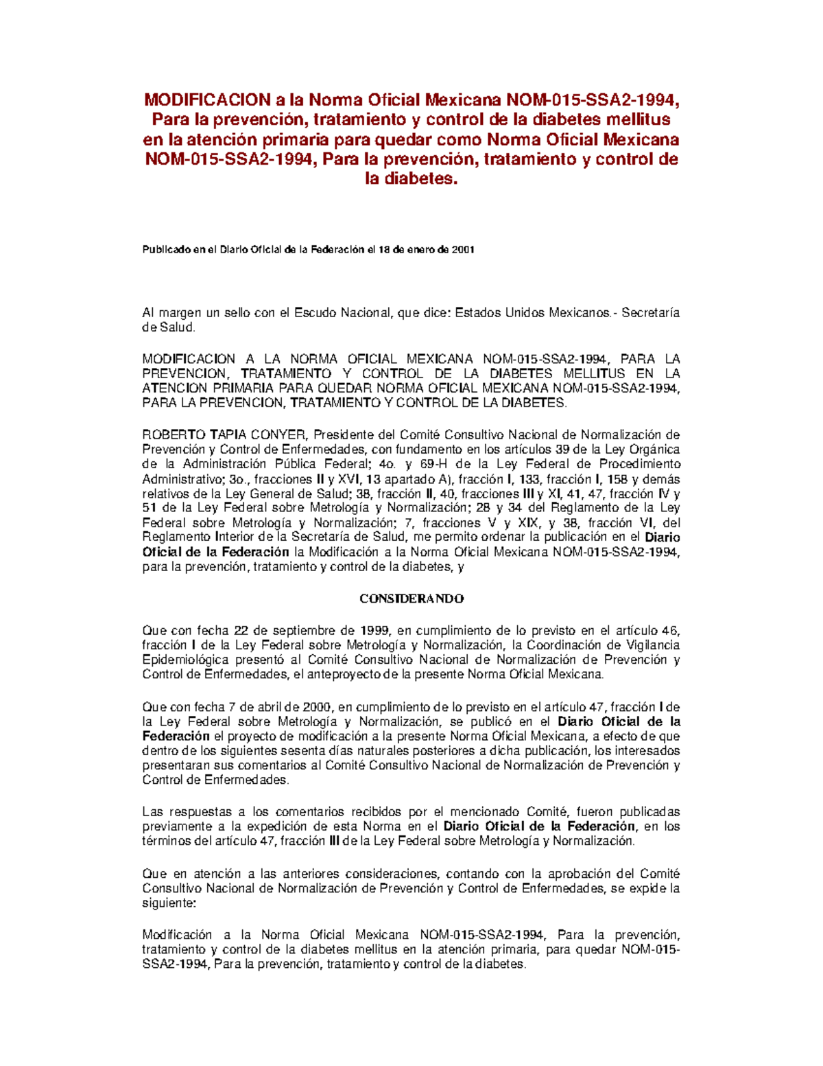 NORMA Oficial Mexicana NOM-015-SSA2-2010, Para la prevención ...