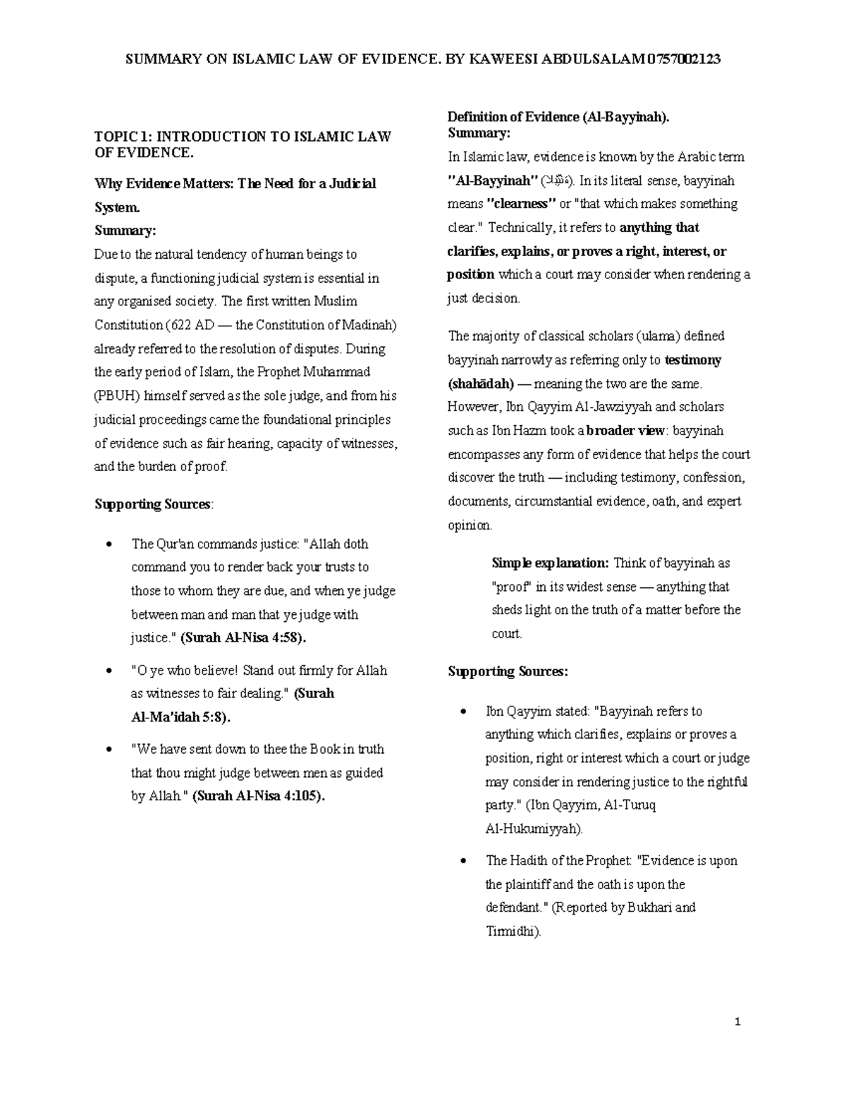 Summary of Islamic Law of Evidence (LAW 101) - Kaweesi Abdulsalam - Studocu