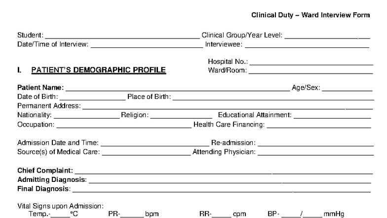 Clinical Duty Ward Interview Form: Comprehensive Patient Assessment ...