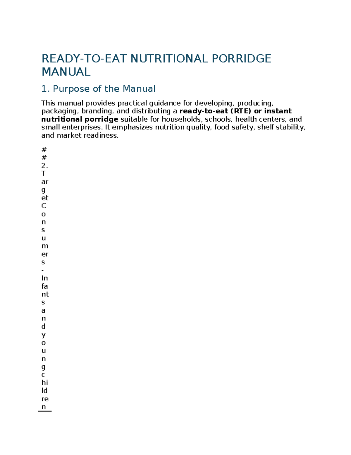 RTE Nutritional Porridge Manual: Development & Production Guide - Studocu