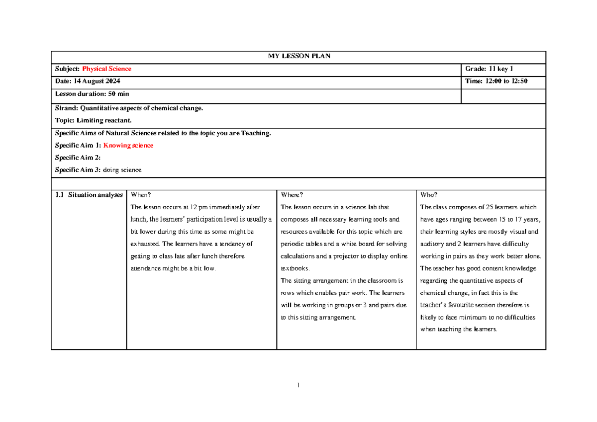 Limiting Reactant Lesson Plan: Physical Science 11 - Revised Edition ...