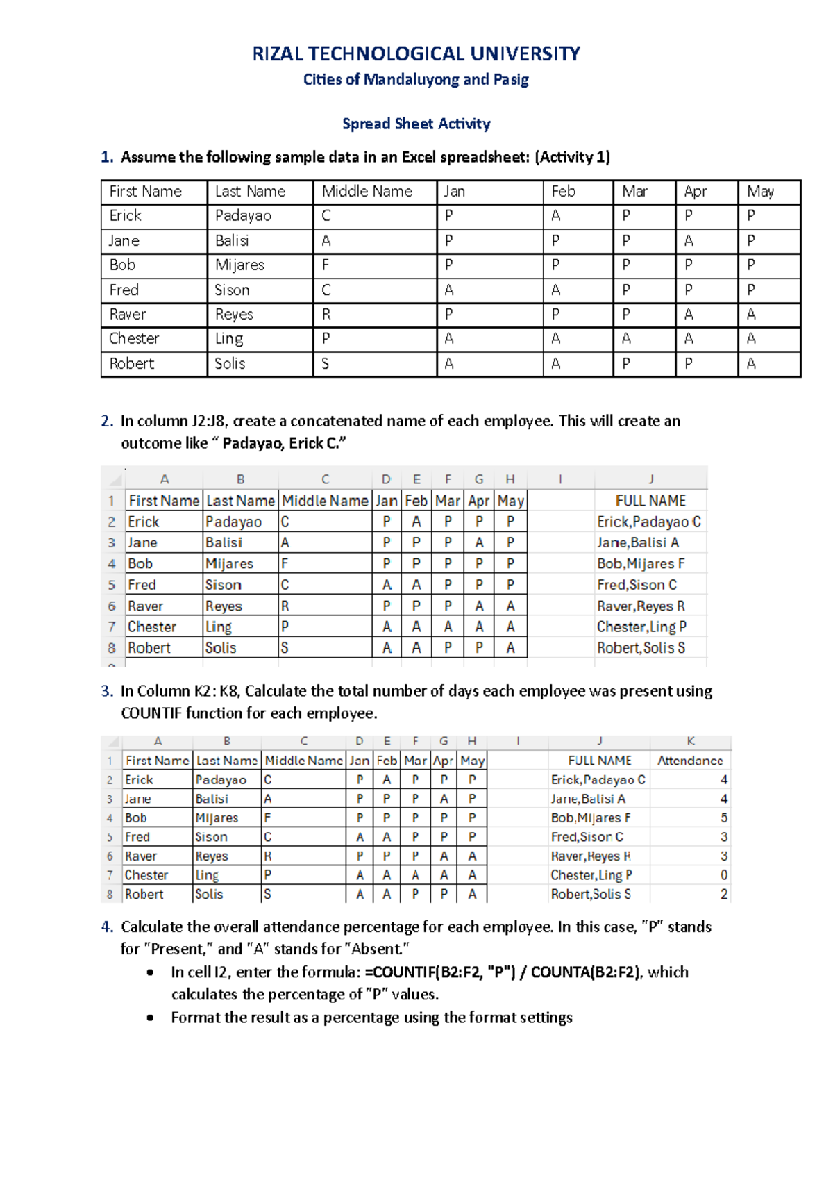 RIZAL TECHNOLOGICAL UNIVERSITY Excel Activity 1 & 2 Spreadsheet Guide ...