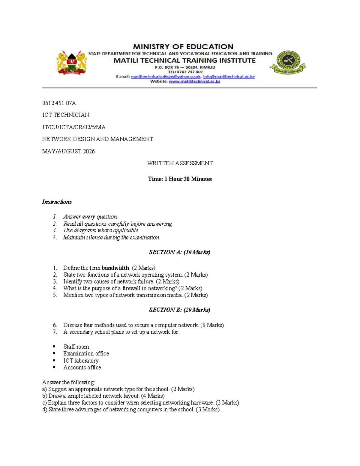 0612 451 07A ICT TECHNICIAN NETWORK DESIGN & MGMT 2026 WRITTEN ...