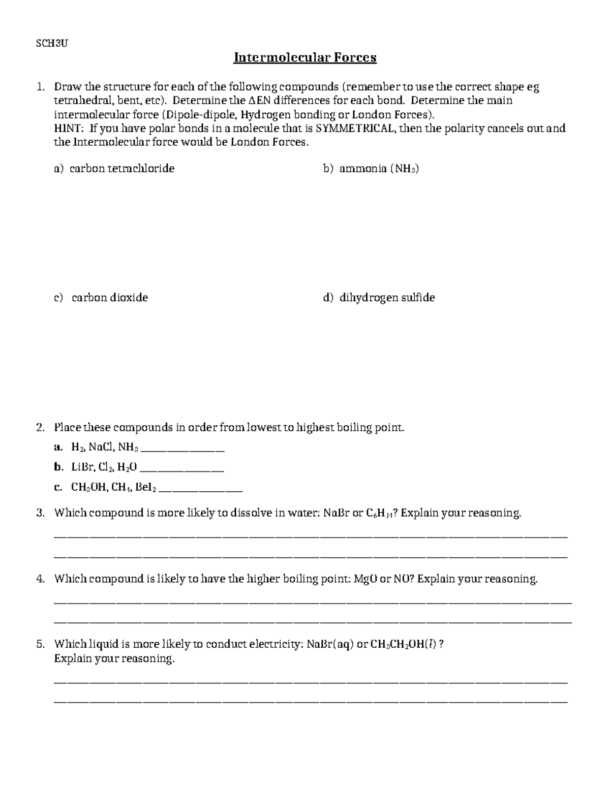 SCH3U Intermolecular Forces: Structures, Boiling Points & Conductivity ...