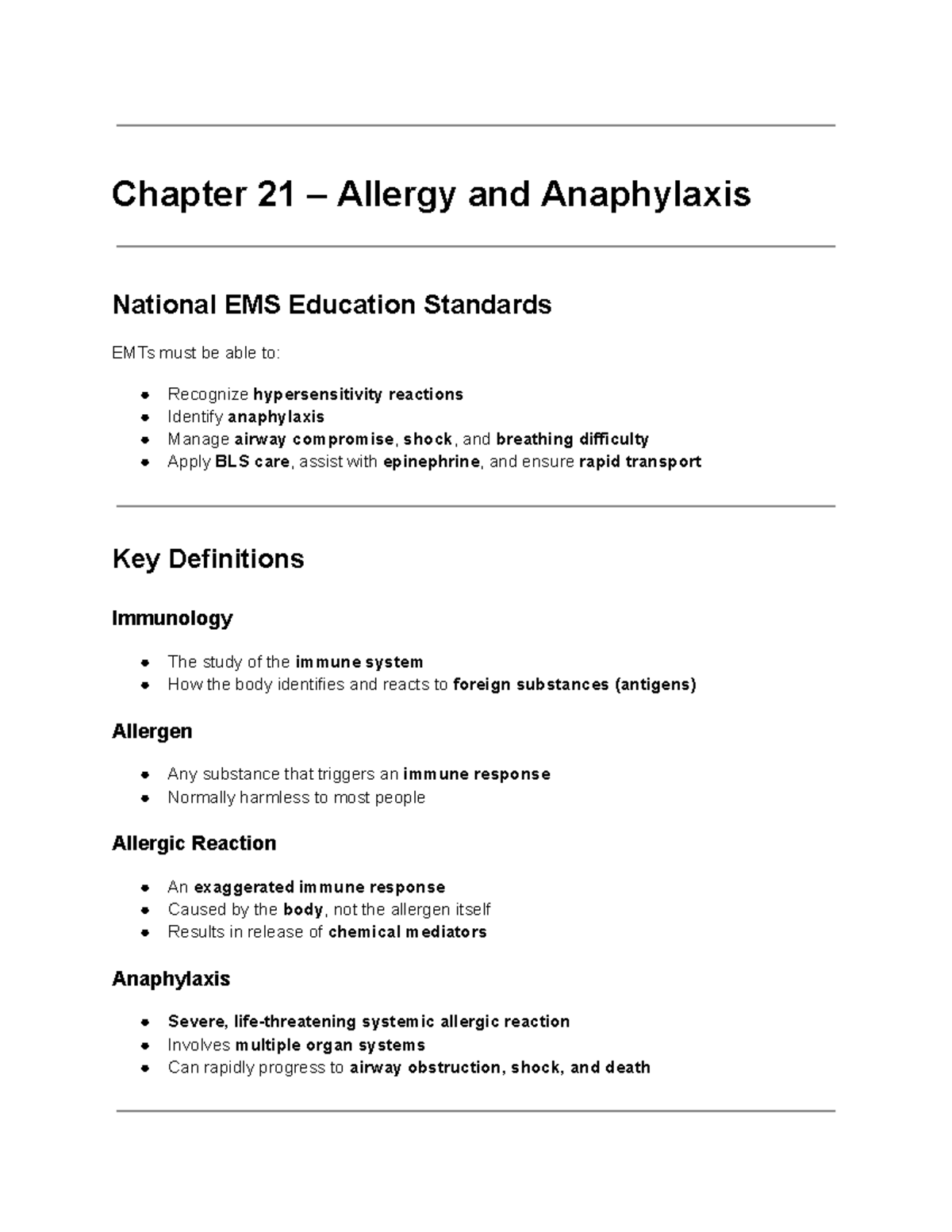 Chapter 21 – Allergy and Anaphylaxis: Key Concepts for EMTs - Studocu