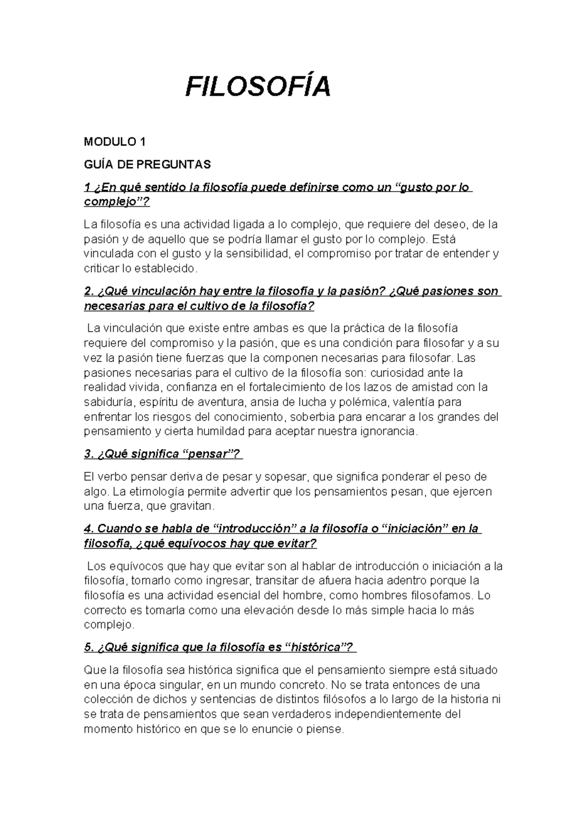 FILOSOFÍA MÓDULO 1: GUÍA DE PREGUNTAS Y REFLEXIONES - Studocu
