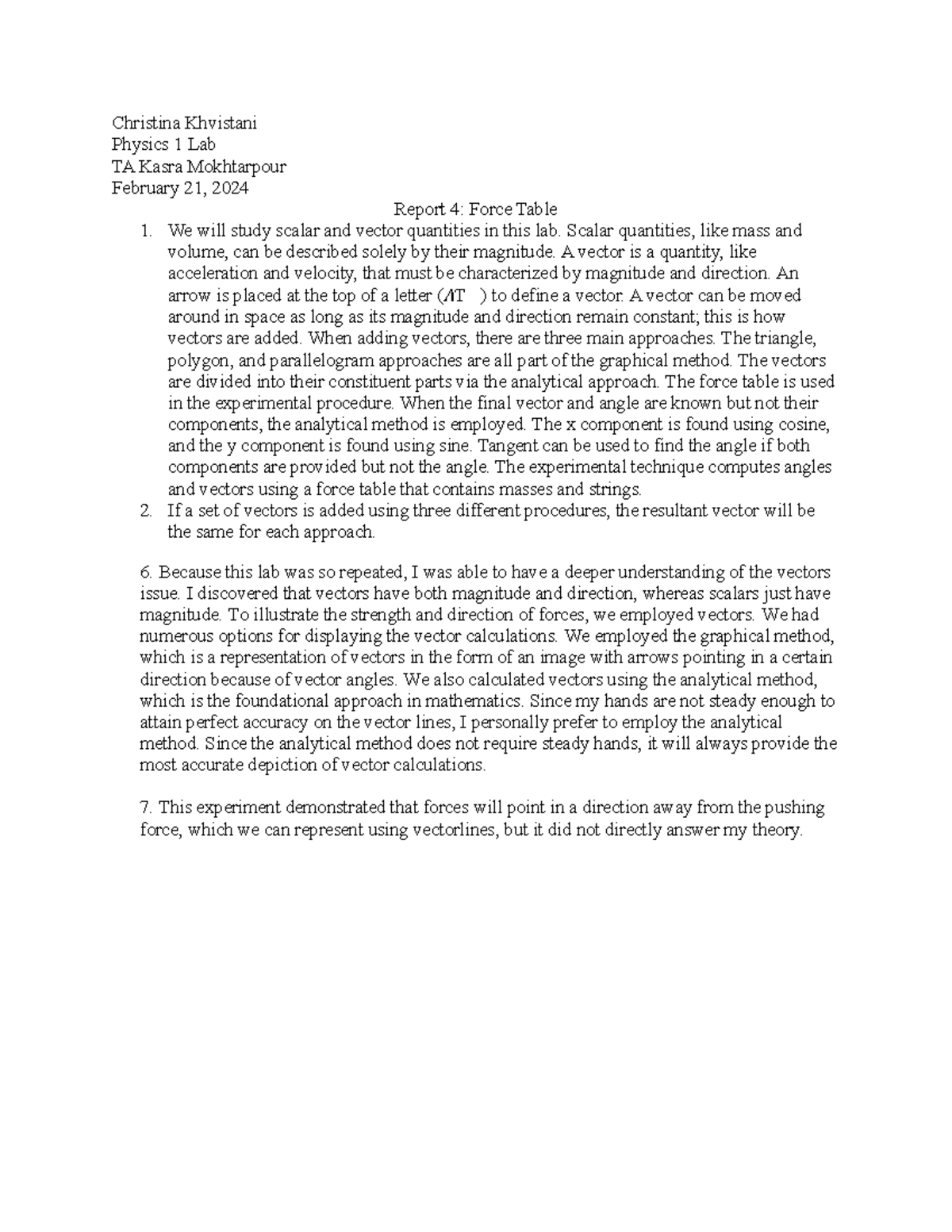 Physics 1 Lab Report 4: Exploring Scalars and Vectors with Force Table ...