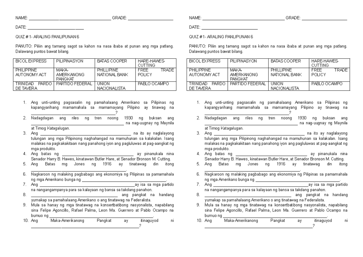 QUIZ 1-AP - an activity for grade 6 students - NAME
