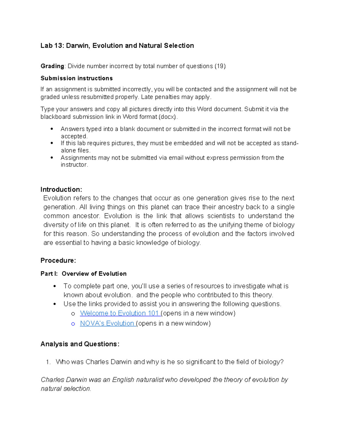 Lab 13: Darwin and Natural Selection Concepts Overview - Studocu