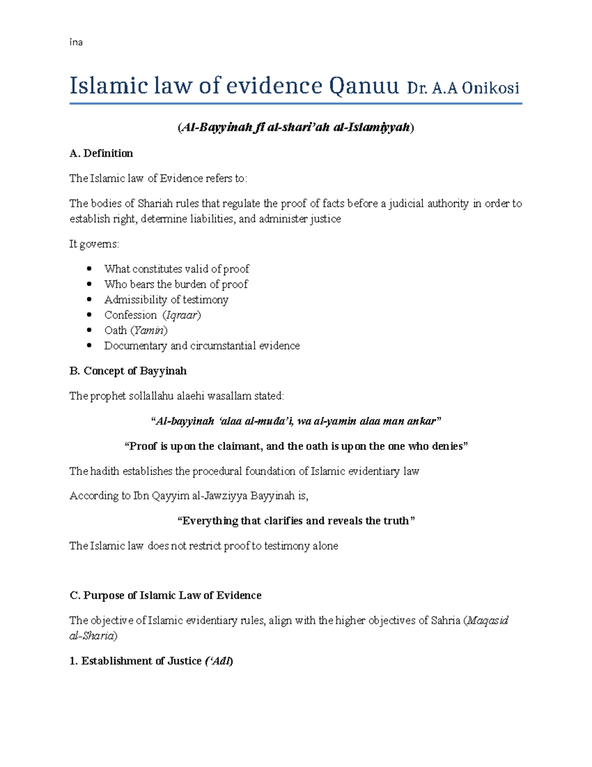 Islamic Law of Evidence: Principles and Applications (QANUU) - Studocu