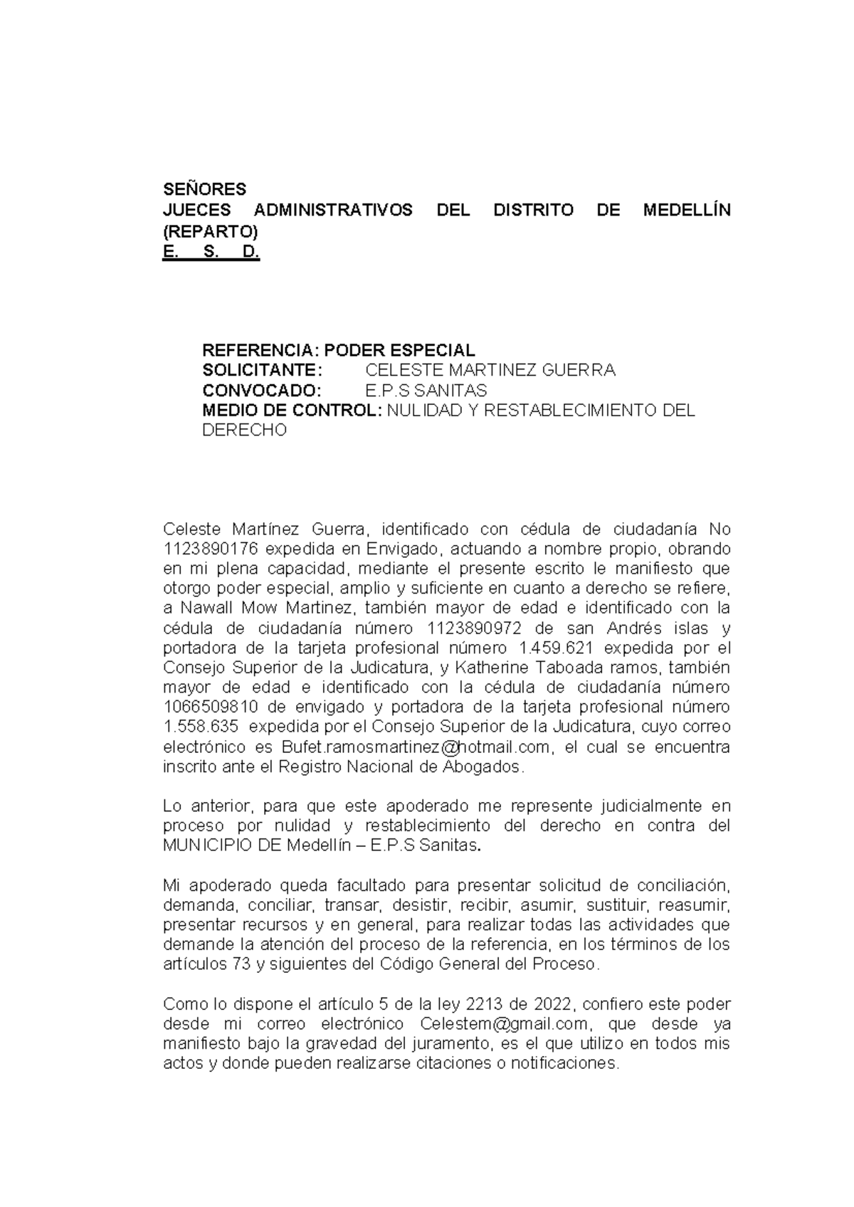 Poder Especial según Ley 2213 de 2022 - Celeste Martínez Guerra - Studocu