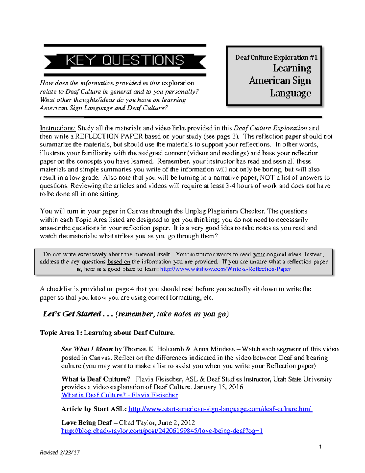 ASL 111 Reflection Paper on Deaf Culture Exploration - Rev 2-23-17 ...