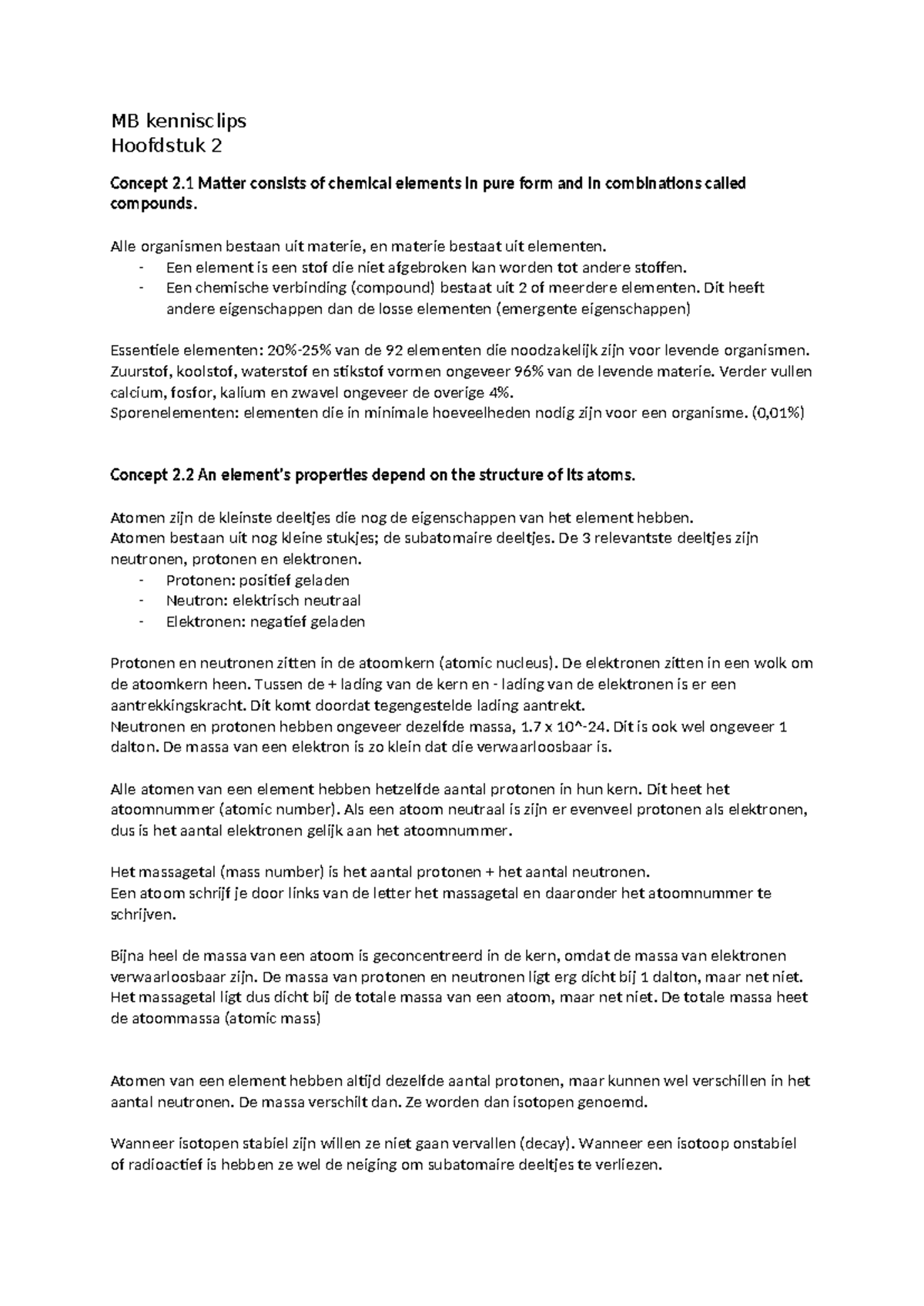 MB Kennisclips H2: Materie, Atomen en Chemische Bindingen - Studeersnel