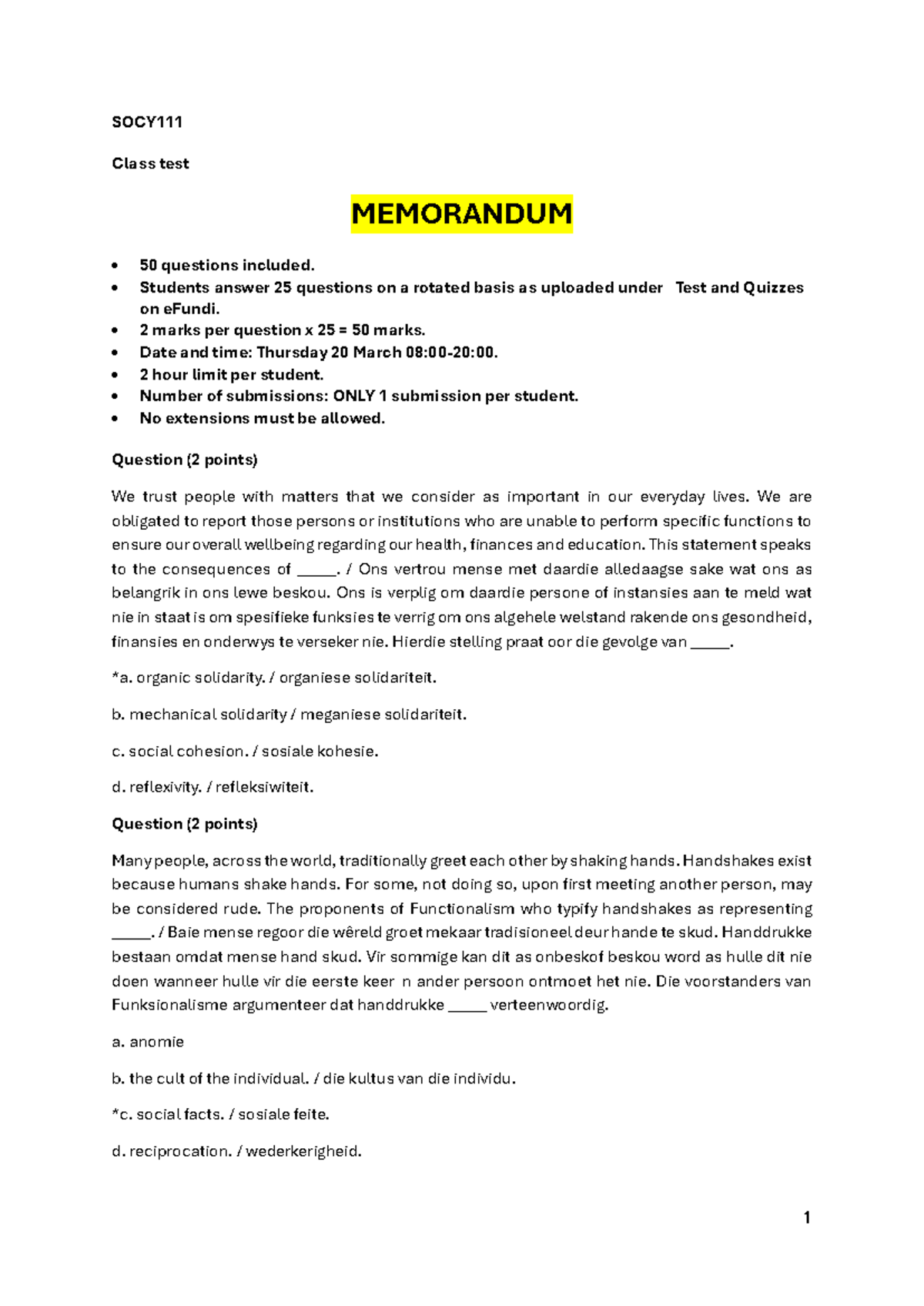 SOCY 101 Class Test Memorandum March 2025 Details and Questions - Studocu