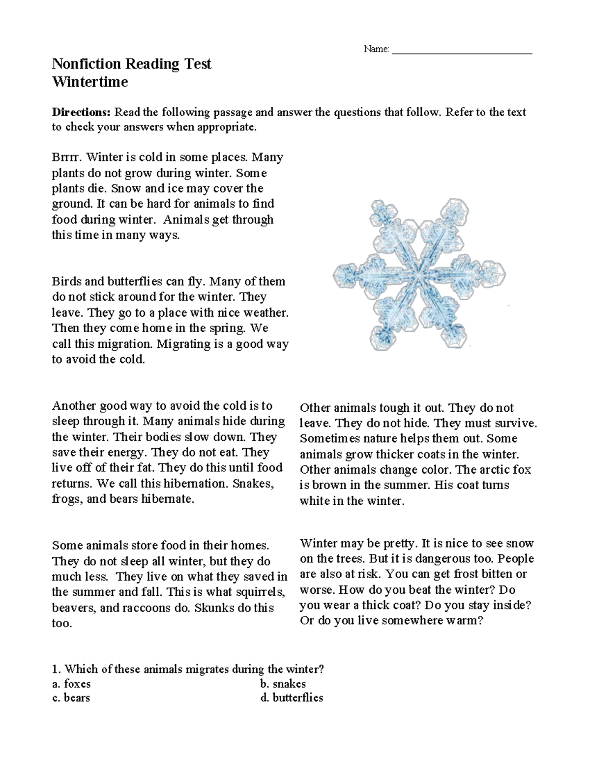 Nonfiction Reading Test: Surviving Wintertime Challenges - Studocu