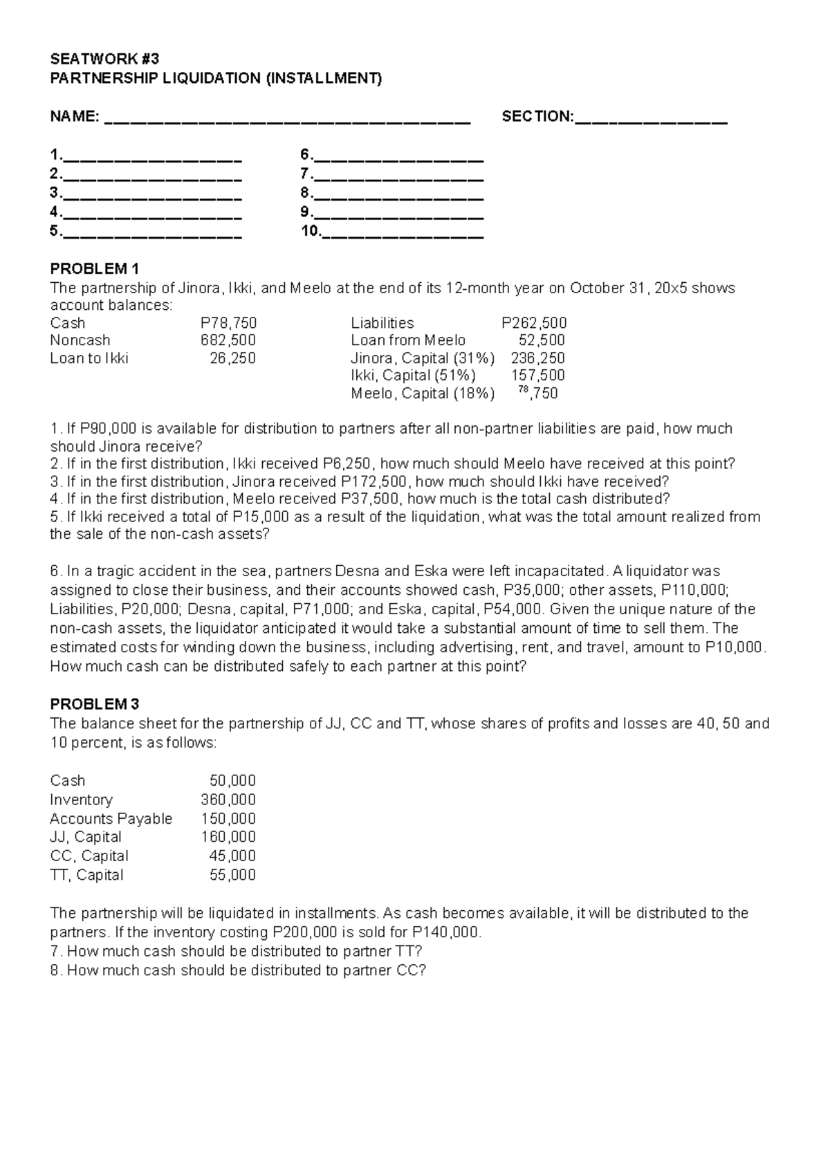 SW3 Partnership Liquidation Installment: Problem Set Analysis - Studocu