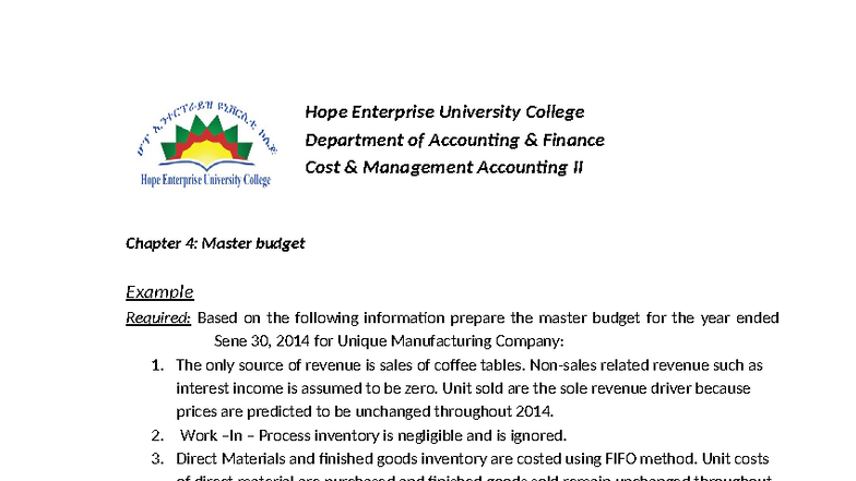 Chapter 4 Example - CMA: Master Budget for Unique Manufacturing Co ...