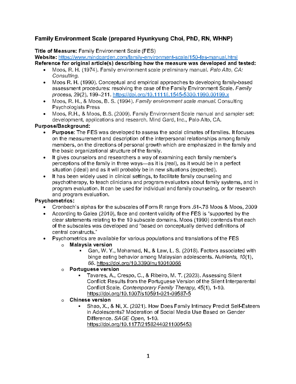 Family Environment Scale (FES) Overview and Psychometric Analysis - Studocu