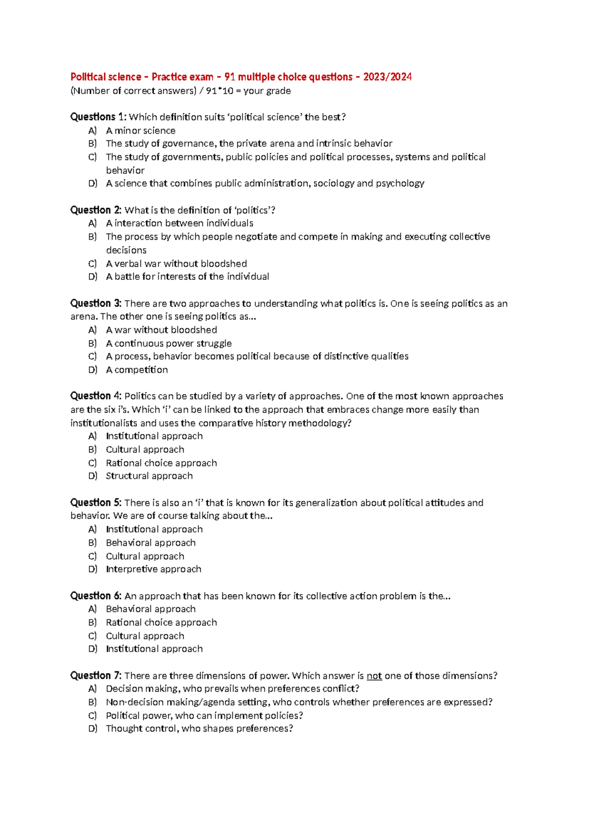 Political Science 101 - Practice Exam & Answers (91 MCQs) - 2023/2024 ...