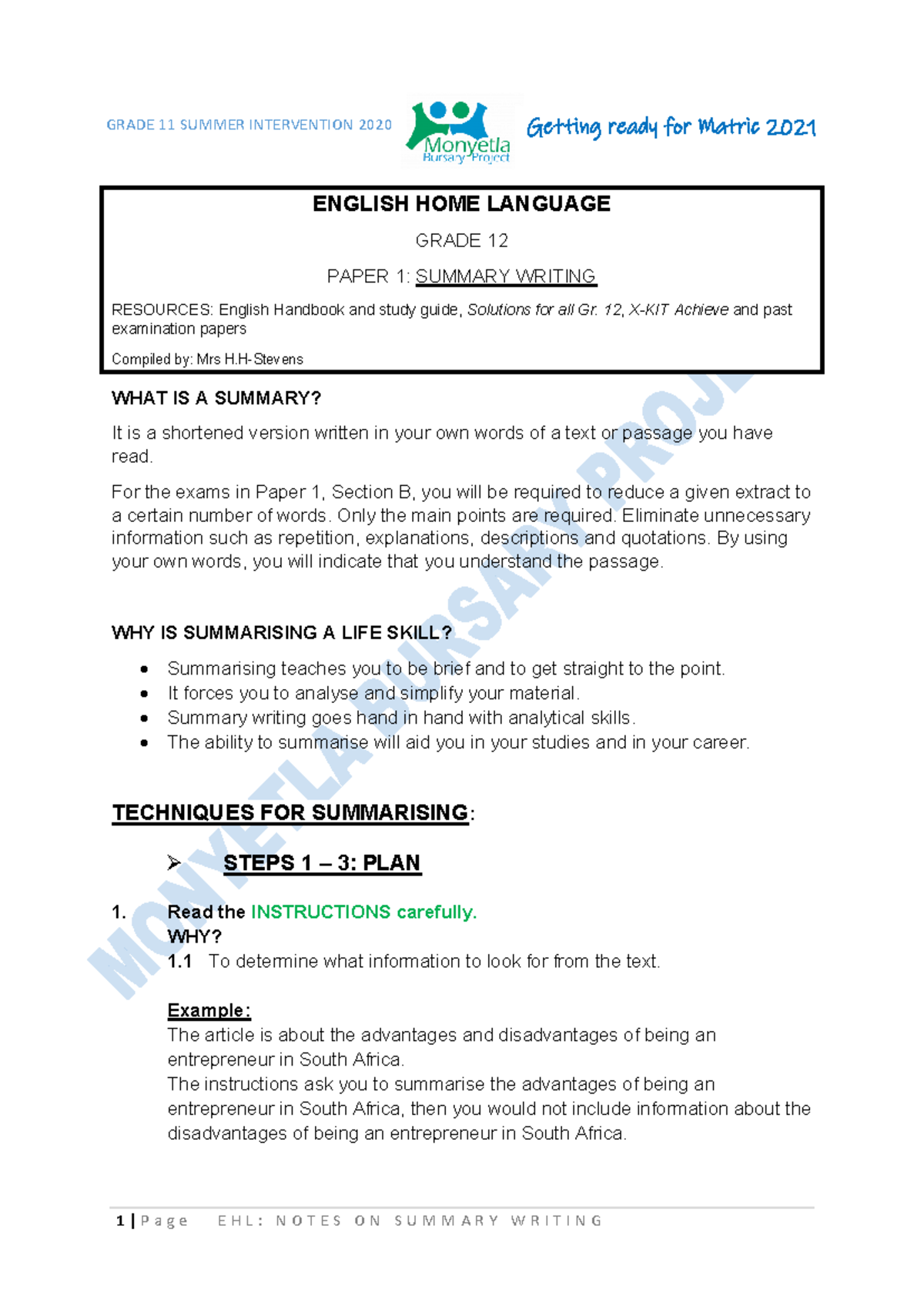 1 - Summaries - ENGLISH HOME LANGUAGE GRADE 12 PAPER 1: SUMMARY WRITING ...