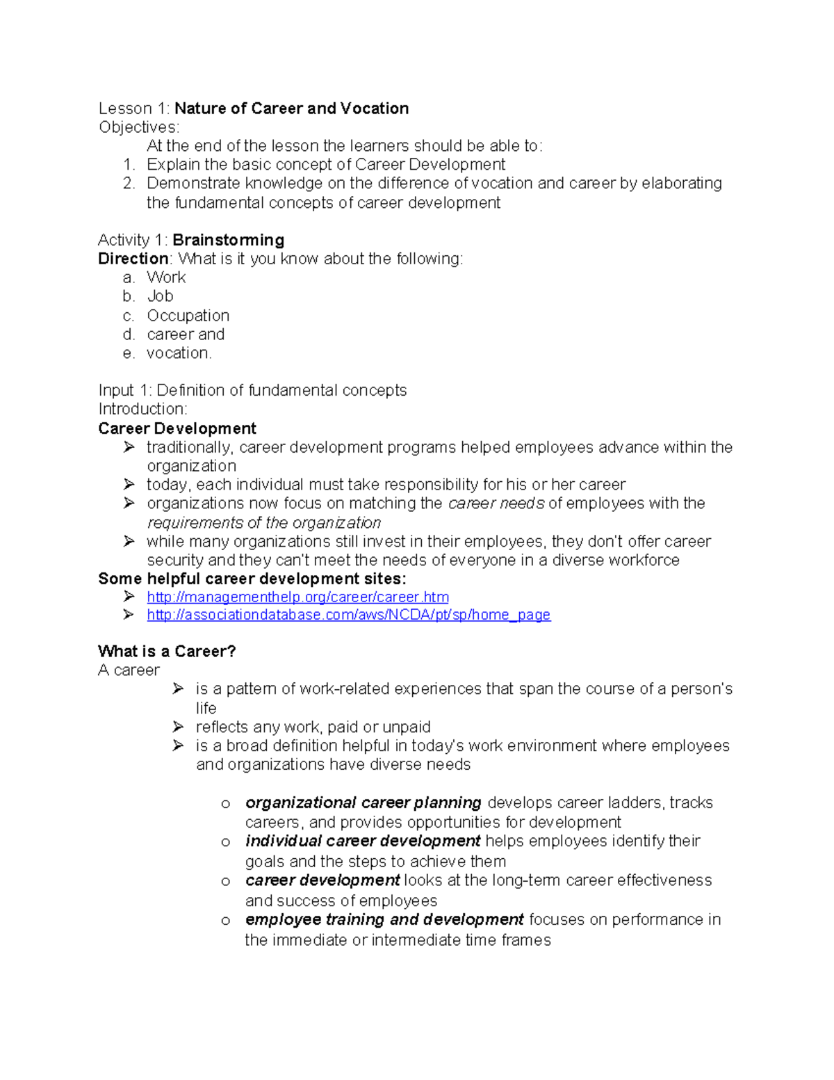 Lesson 1: Understanding Career Development and Vocation Concepts - Studocu