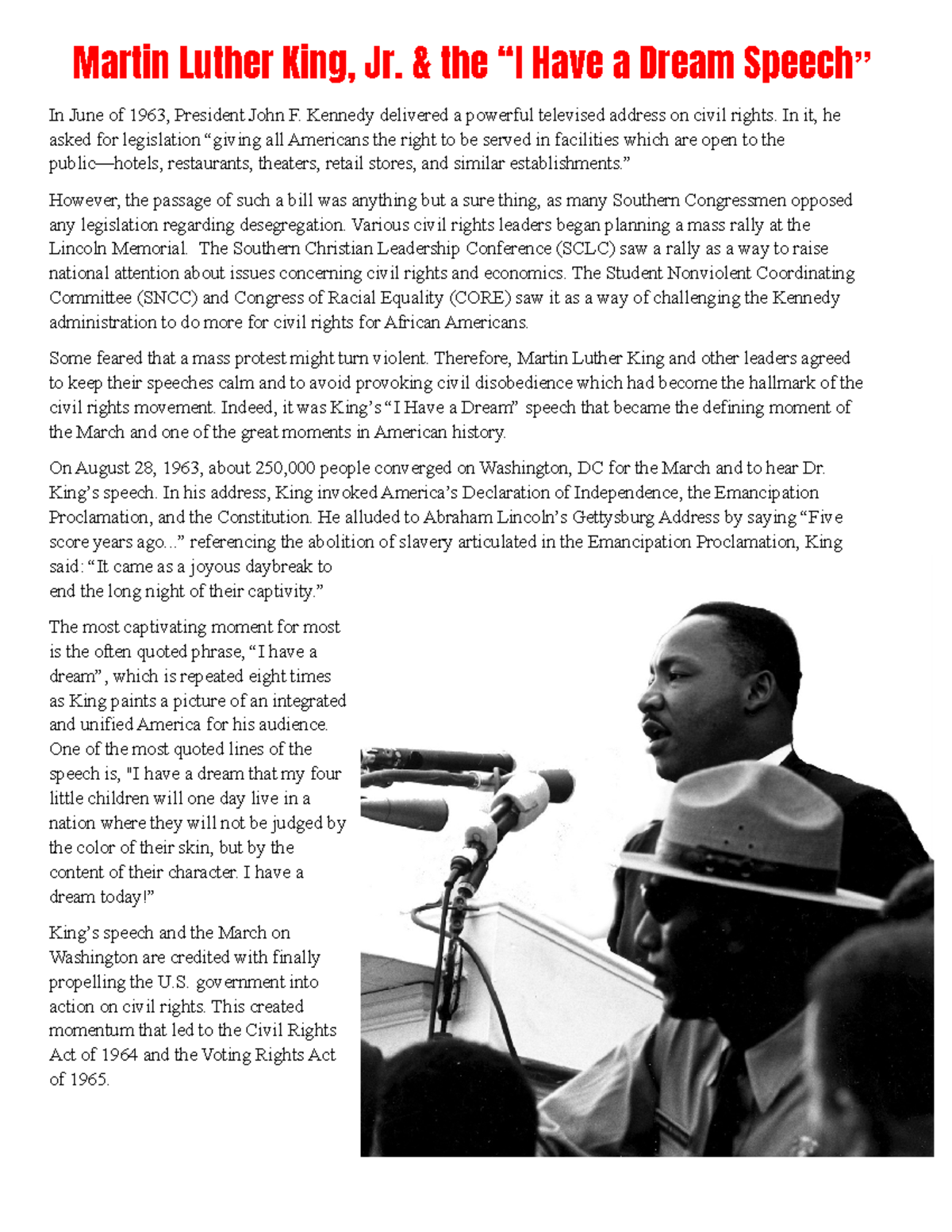 MLK Dream speech analysis assignment - Martin Luther King, Jr. & the “I ...