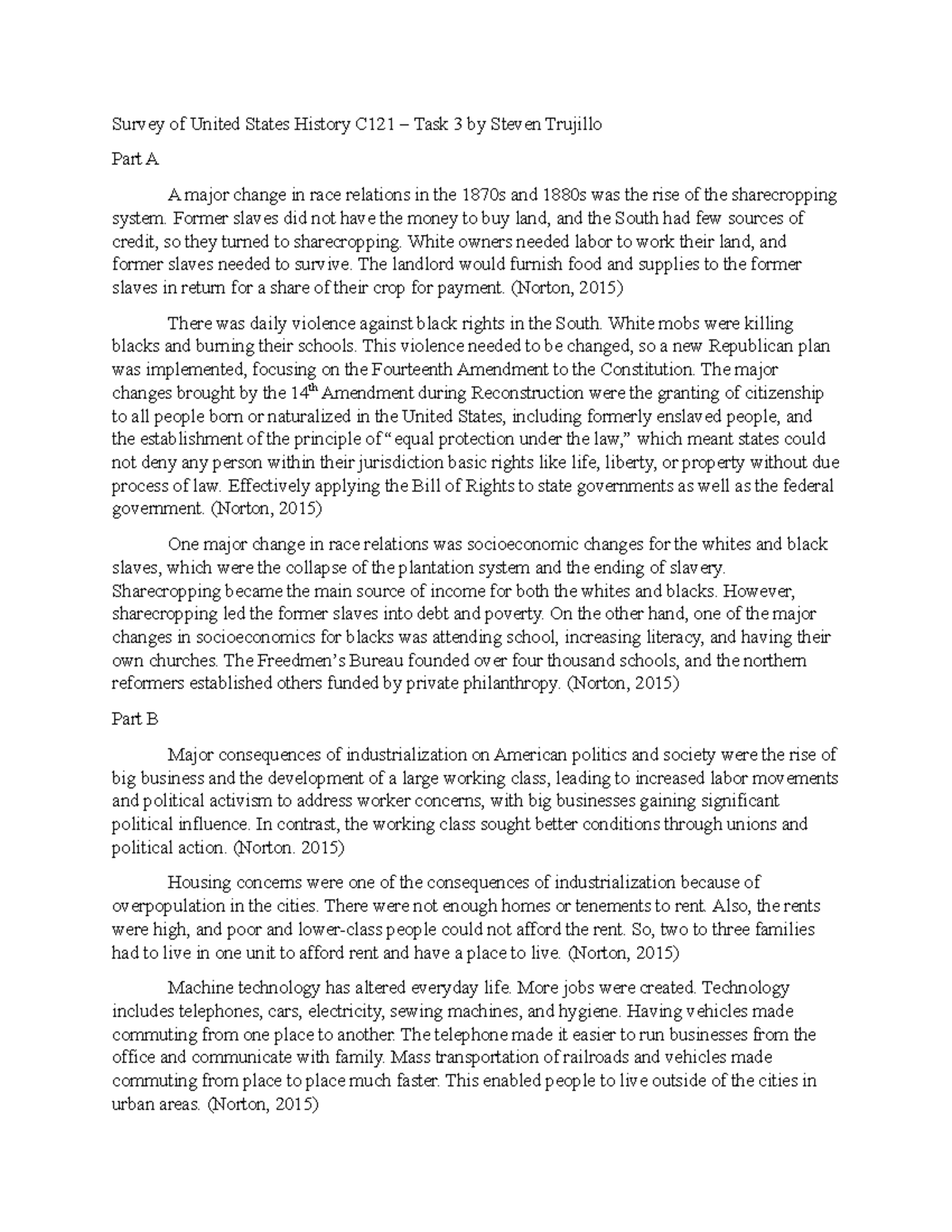 Task 3: Major Changes in Race Relations and Industrialization in US ...