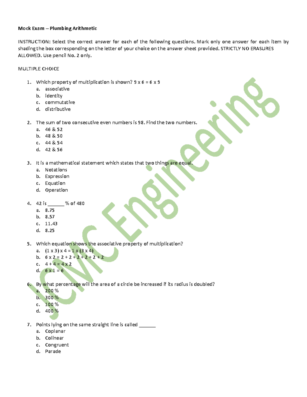 Mock Exam – Plumbing Arithmetic (4th Weekly Exam) - Studocu