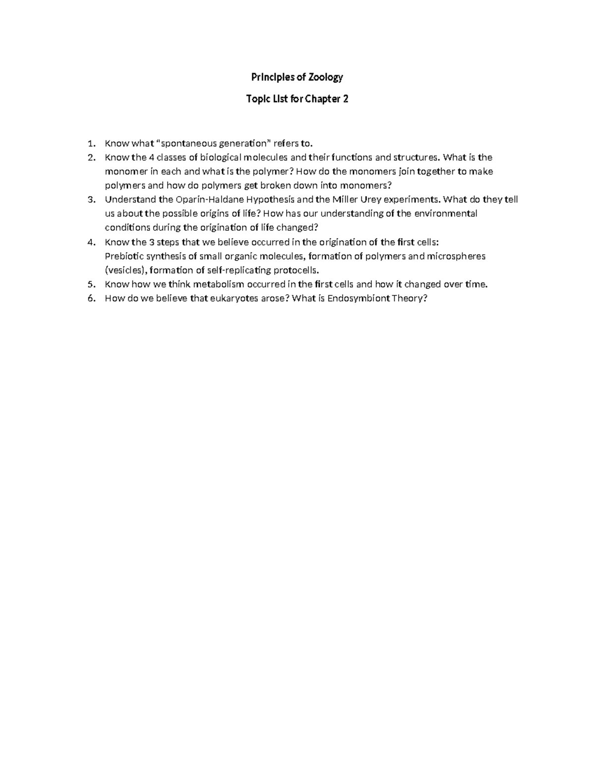 Zoology Principles (ZOO101): Chapter 2 Overview on Origin of Life and ...