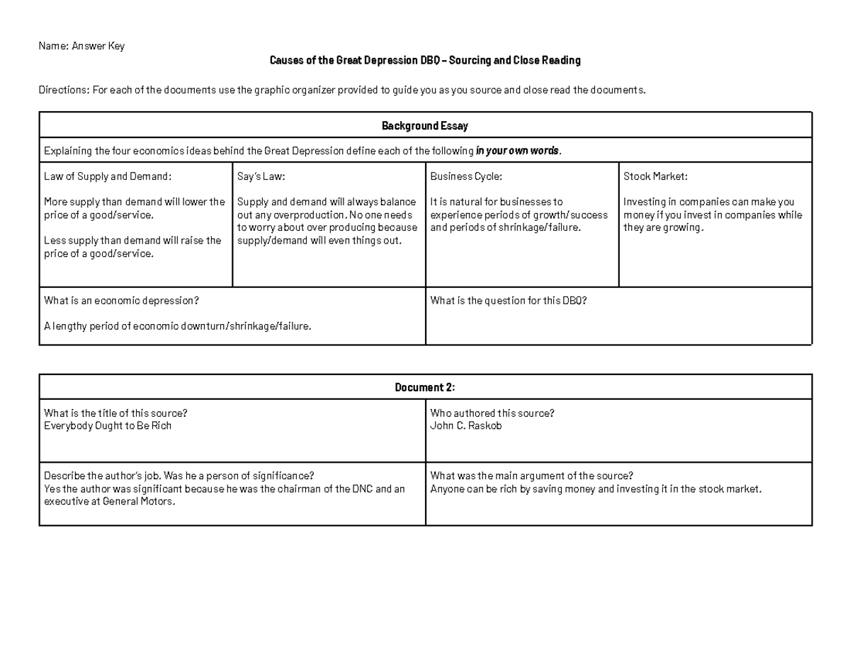 (Answer Key) Causes of the Great Depression DBQ – Sourcing and Close ...