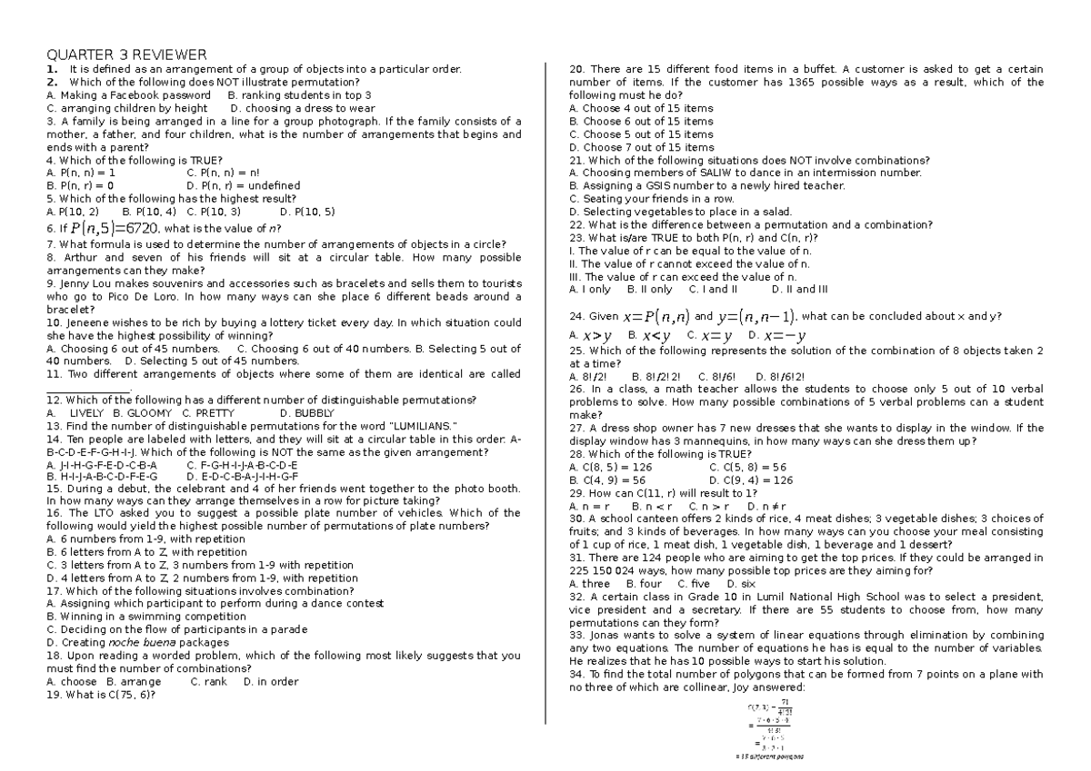 Q3 REVIEWER: Permutations, Combinations, and Probability Concepts - Studocu