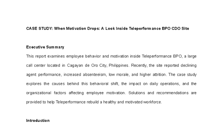 CASE STUDY: Analyzing Employee Motivation Issues at Teleperformance BPO ...