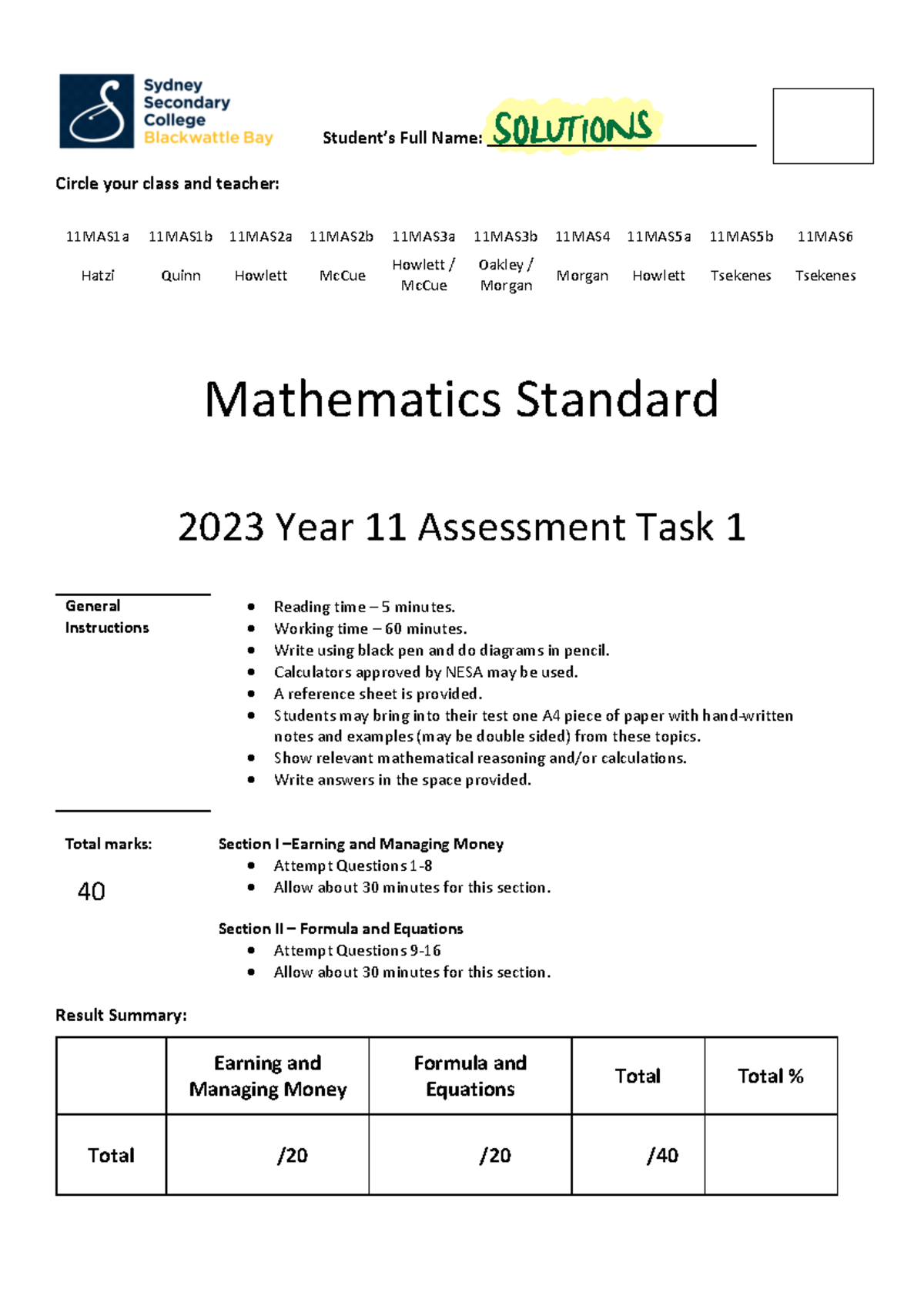 Maths standard practice test and solutions - Student’s Full Name
