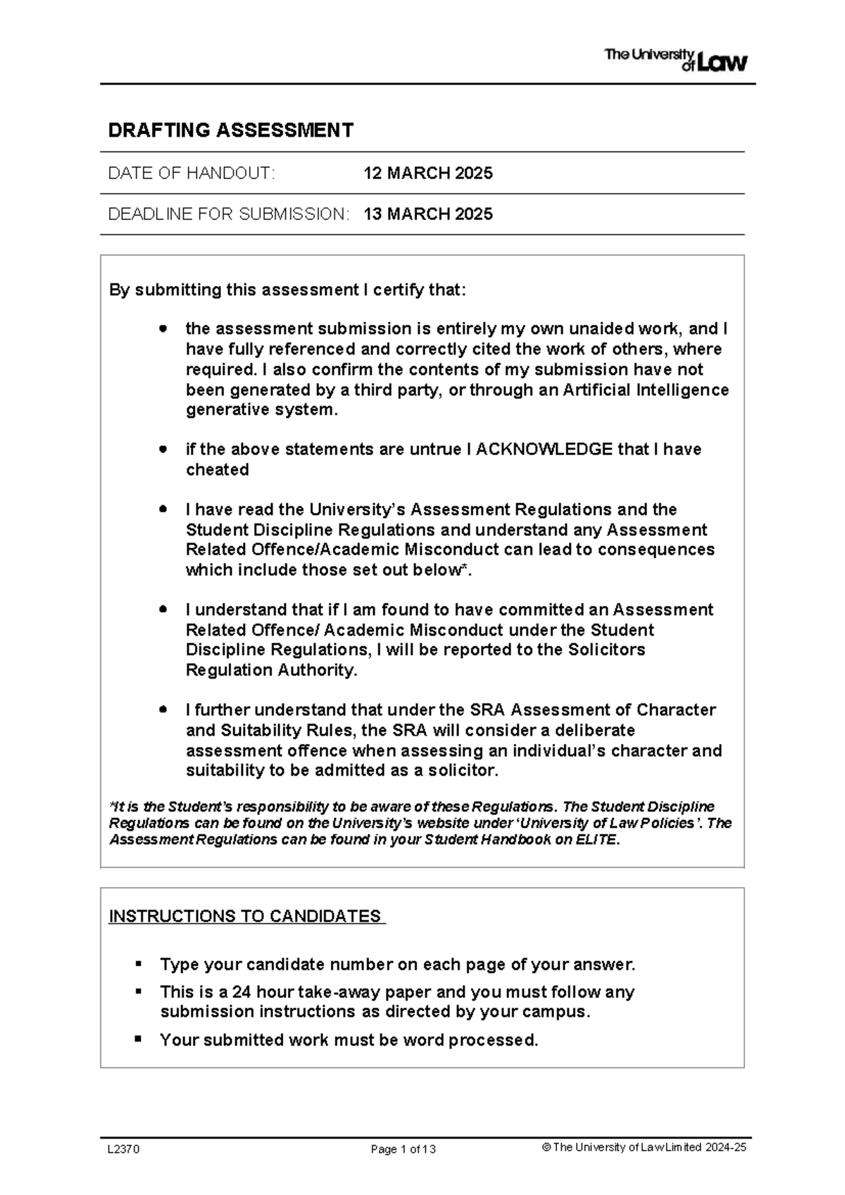 L2370 Drafting Assessment: Legal Document Preparation Guidelines - Studocu