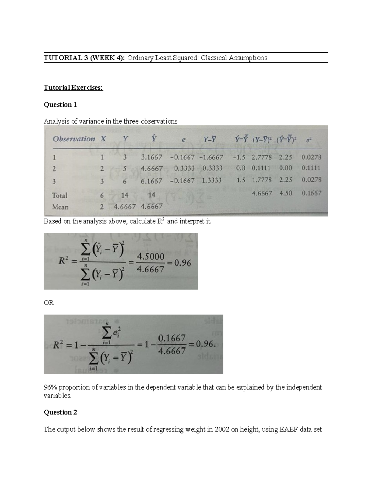 Tutorial 3 (W4): Ordinary Least Squares & R² Analysis Exercises - Studocu