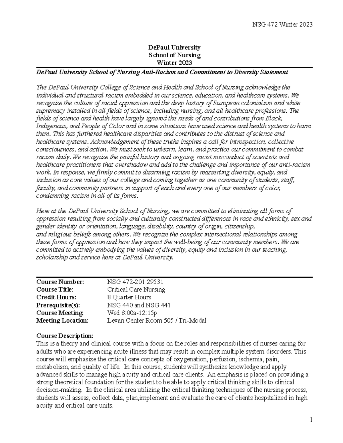 Winter 2023 Critical Care Syllabus 472 - DePaul University School of ...