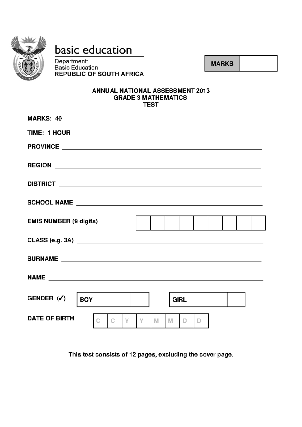 2013 Grade 3 Mathematics Test: Annual National Assessment - Studocu