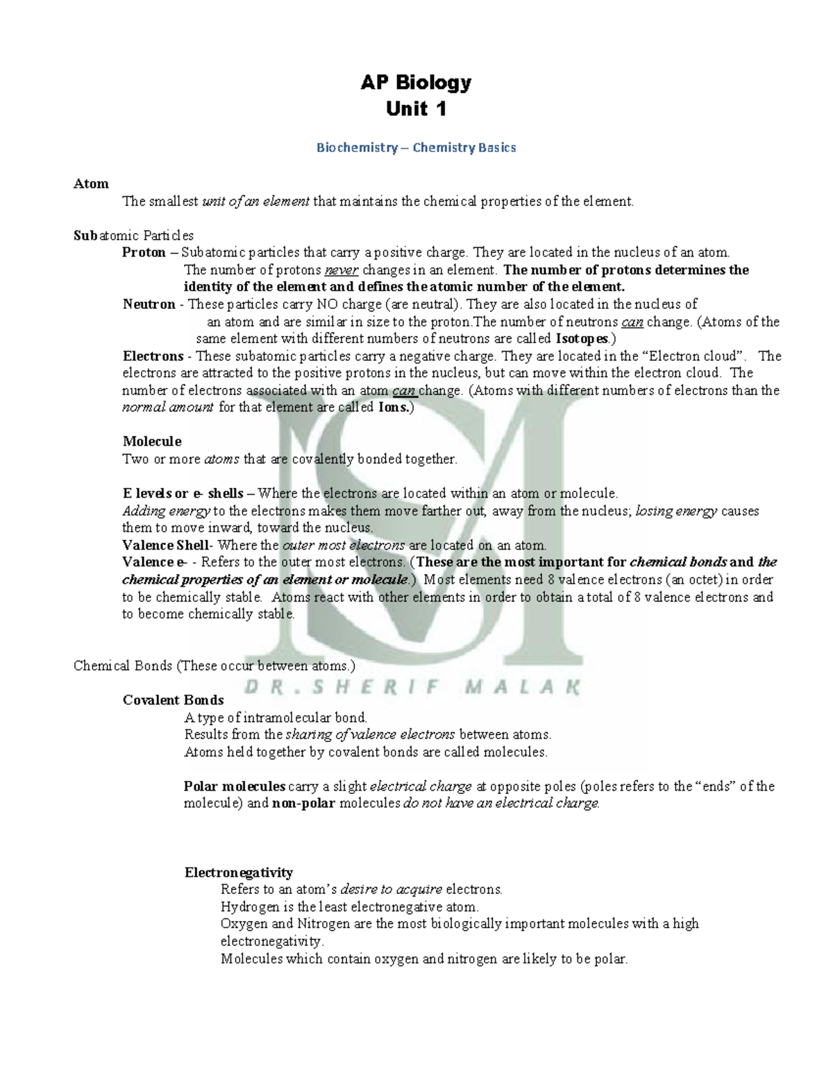 AP Biology (APBIO) Unit 1 Notes: Biochemistry & Chemical Properties ...