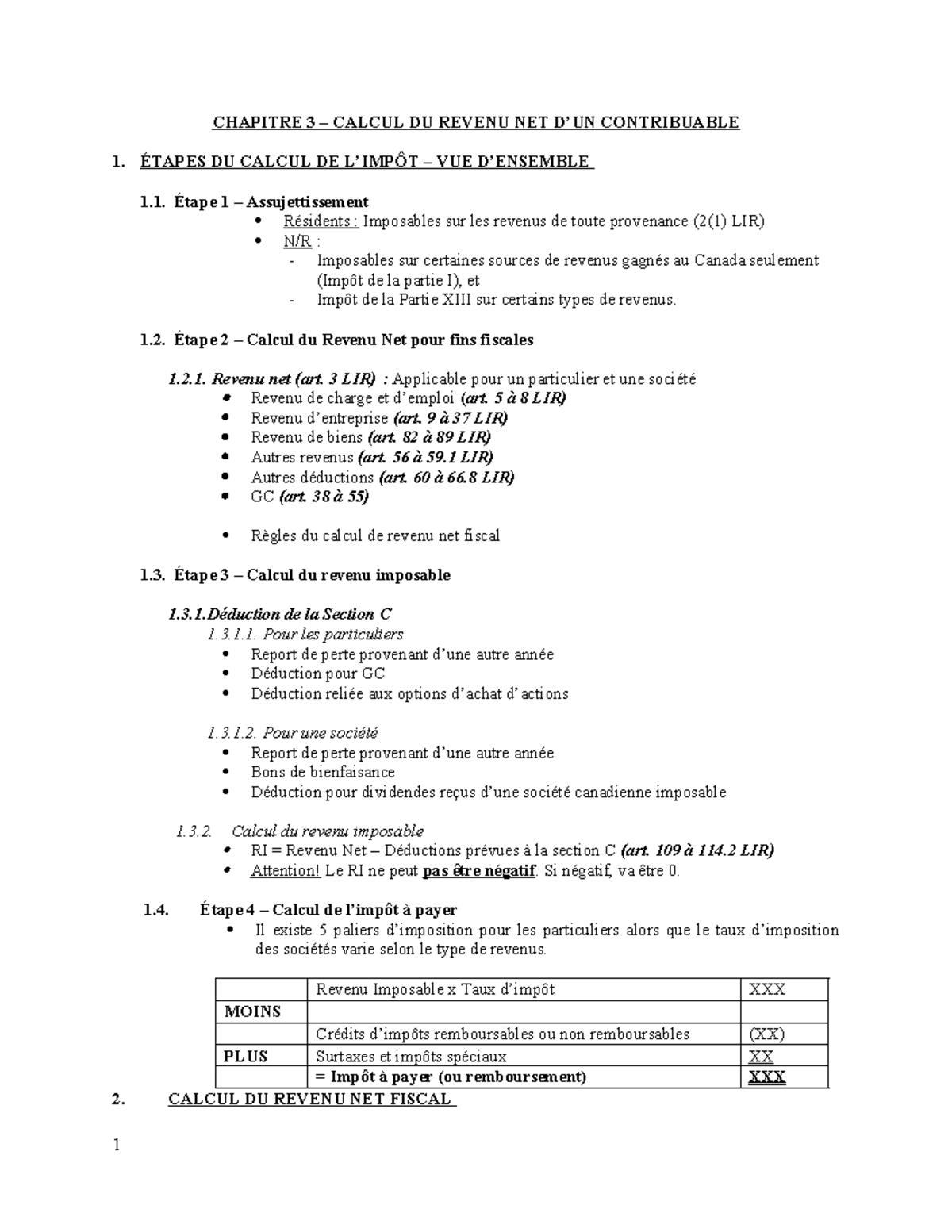 CHAPITRE 3 : CALCUL DU REVENU NET CONTRIBUABLE - Cours 3 Impôts sur le ...