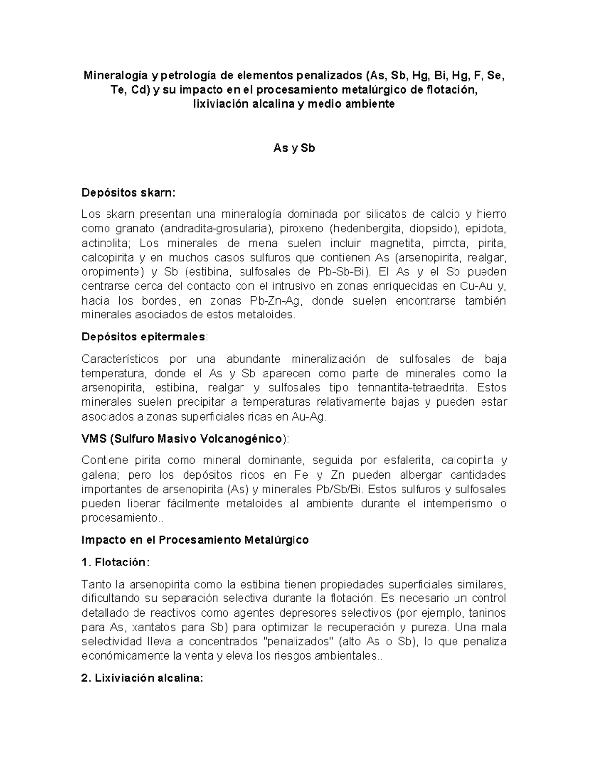 Mineralogía y Procesamiento de As y Sb en Depósitos Skarn y Epitermales - HGFDSA - Studocu