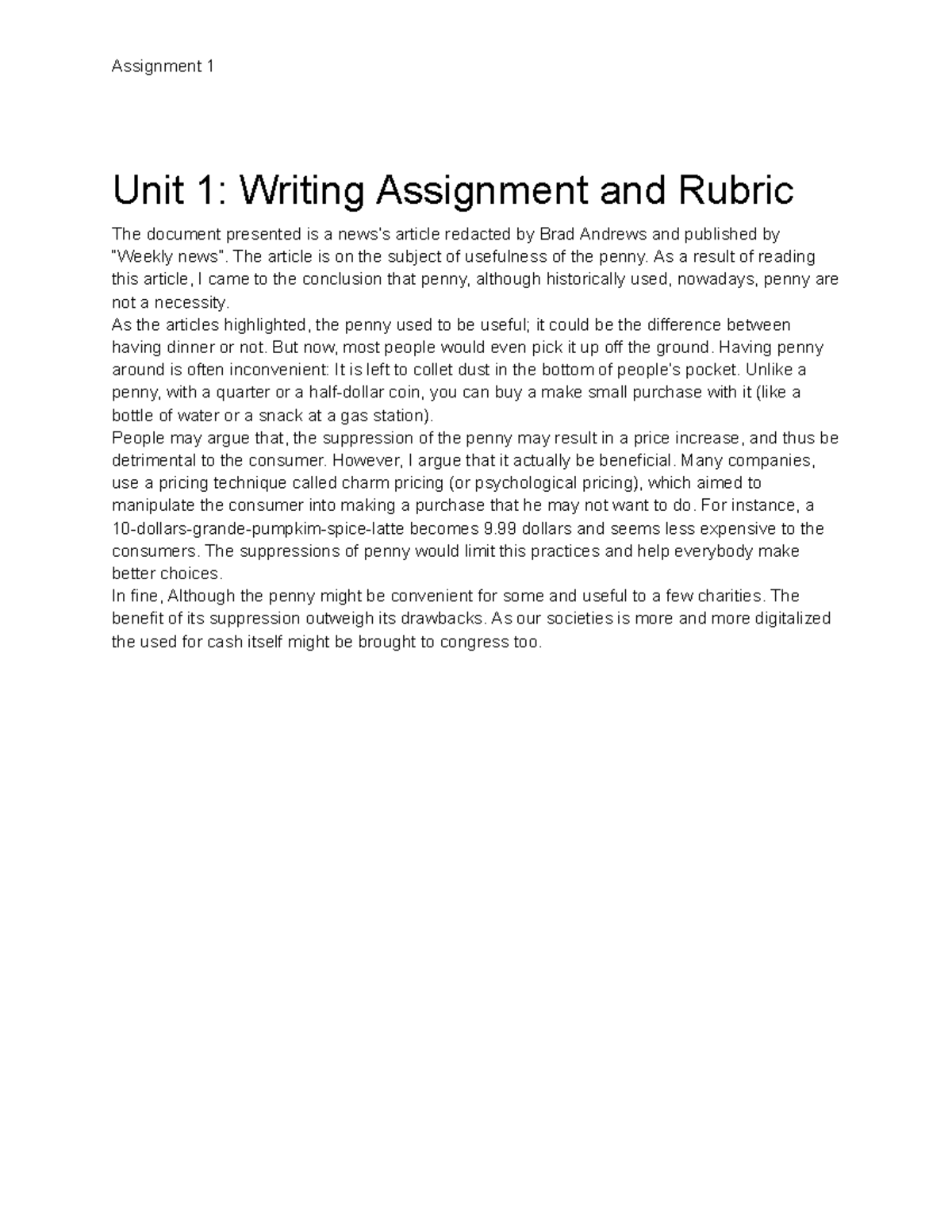 Unit 1 Assignment 1: The Case Against the Penny - Studocu