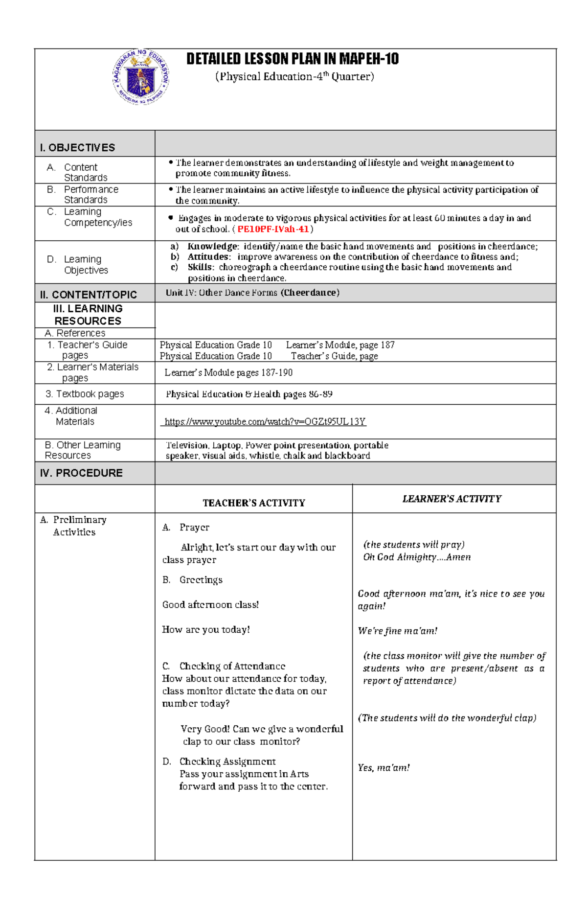 Mapeh 10 DEMO SJDM - AAA - DETAILED LESSON PLAN IN MAPEH- (Physical ...