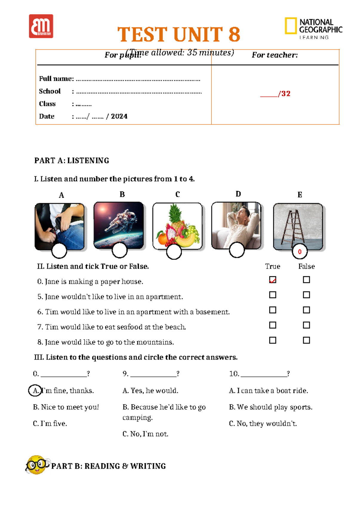 Grade 5 - Unit 8 Listening & Reading Test (100 TN) - Studocu