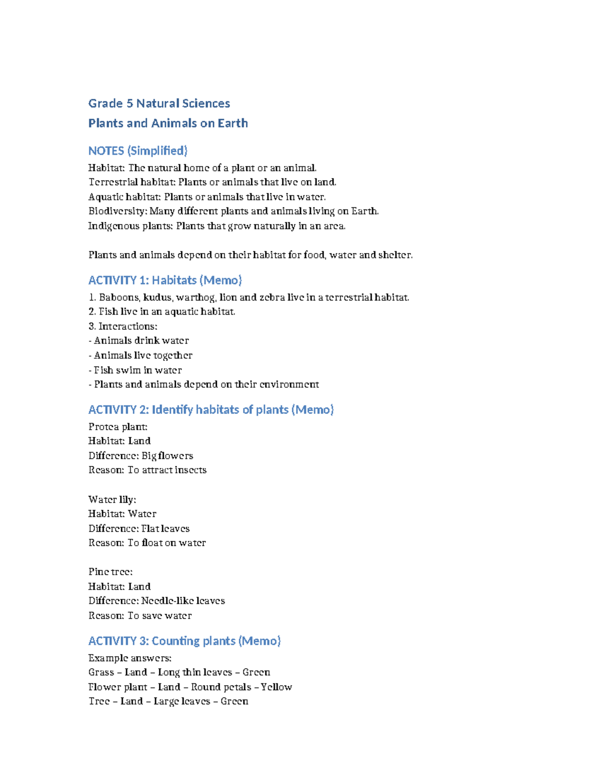 Grade 5 Natural Sciences: Plants & Animals Notes & Memos - Studocu