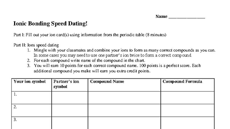 Ionic Bonding Speed Dating Activity: Part I & II (13) - Studocu