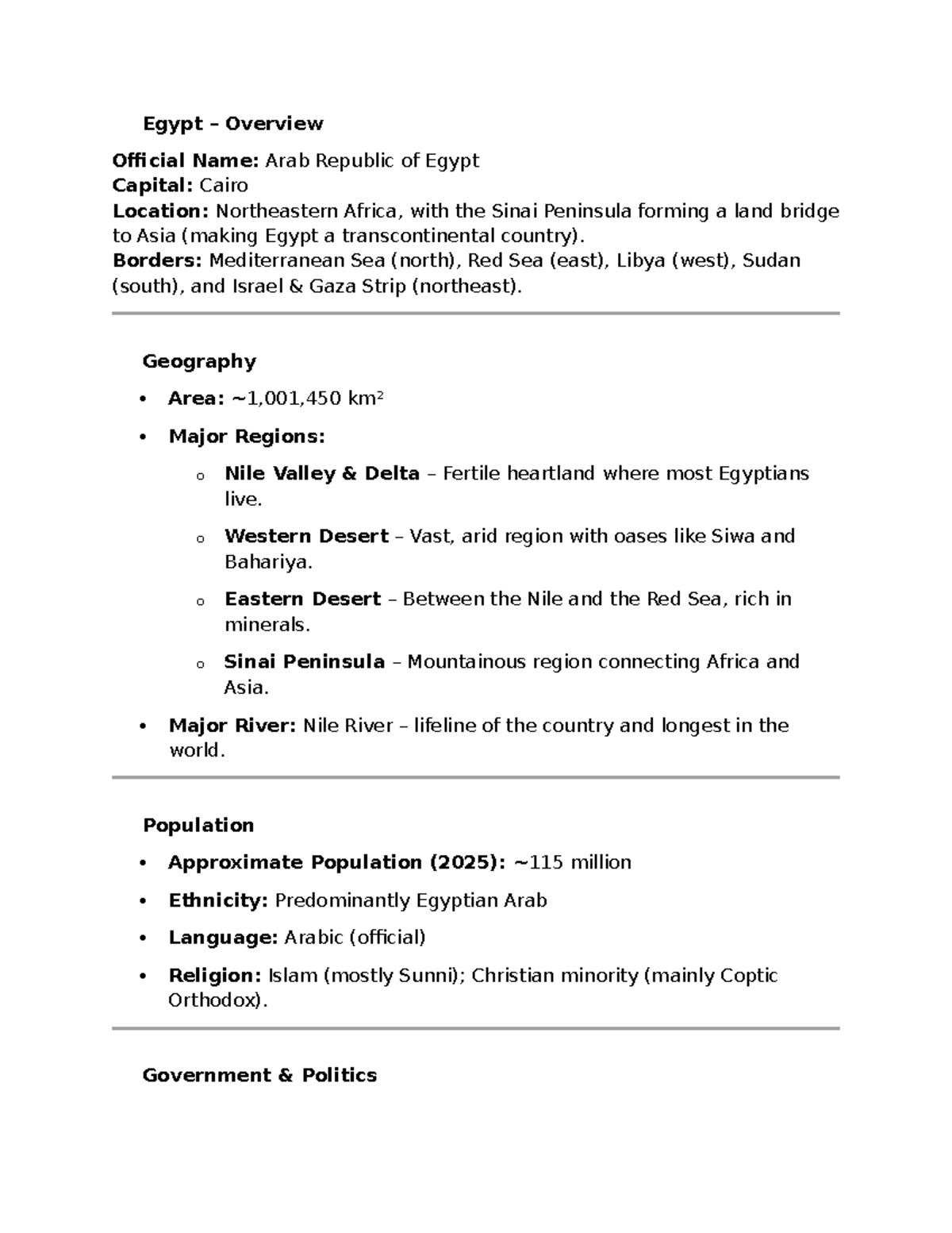 Egypt Overview: Geography, Population, and Government Insights - Studocu
