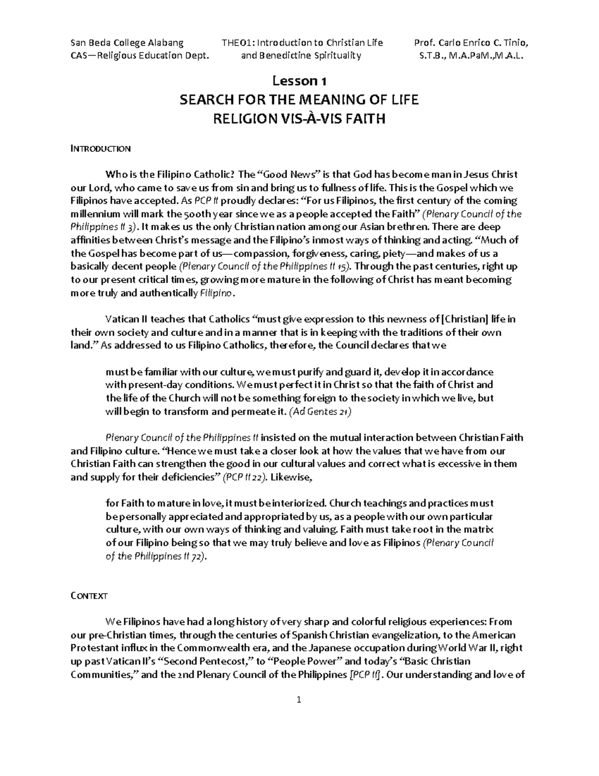 Lesson 1 Search for the Meaning of Life Lecture Notes - CAS—Religious ...